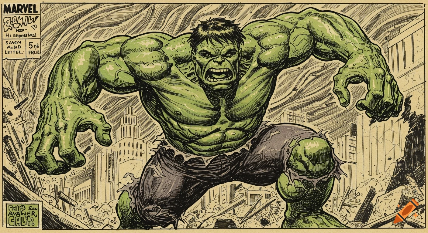 Underground comix style illustration of the Hulk lunging in a ruined ...