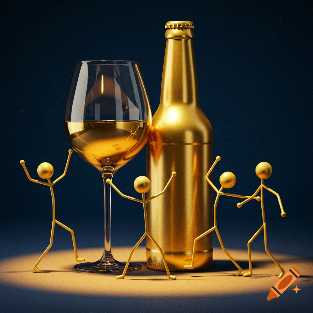 Gold wine glass and beer bottle with gold stick figures dancing around ...