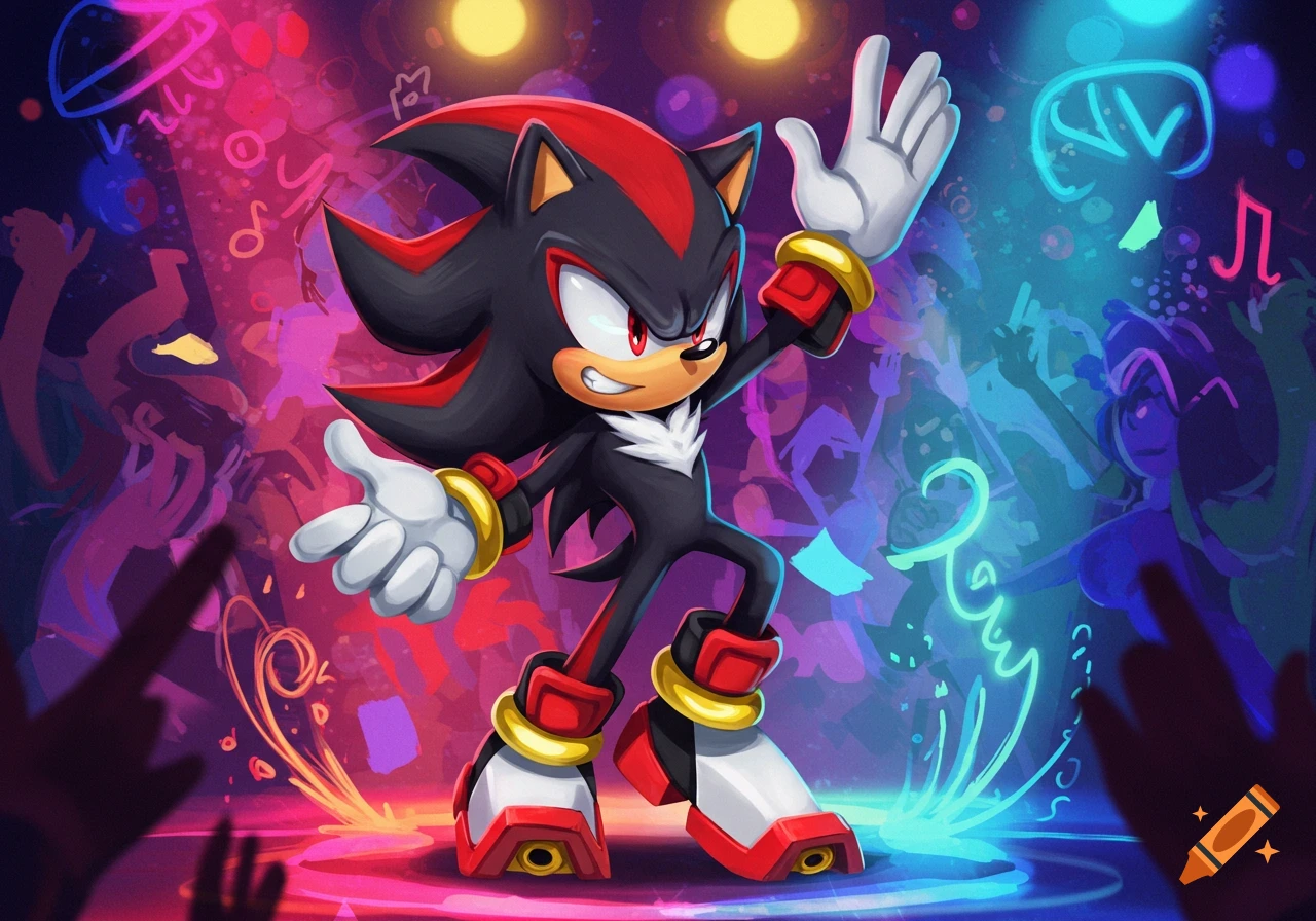 Shadow the Hedgehog dances at a vibrant party on Craiyon