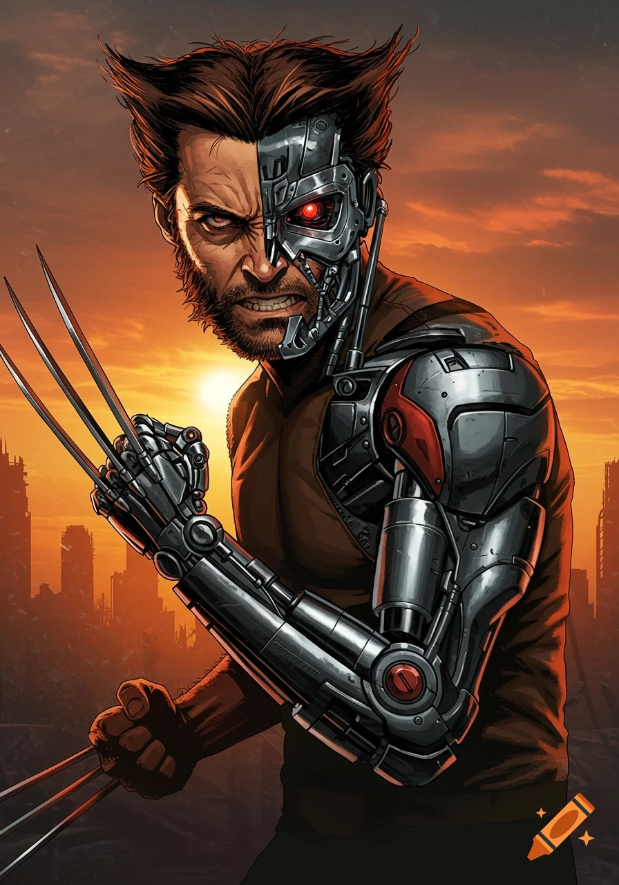 Wolverine is half human, half cyborg with claws extended against a ...