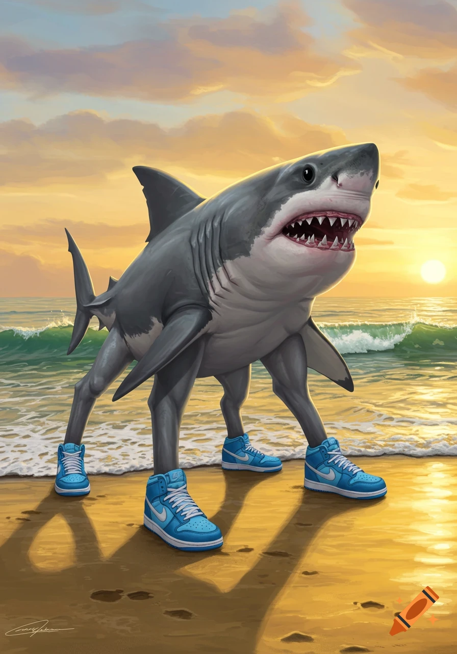 Digital illustration of a shark with four legs wearing blue sneakers ...