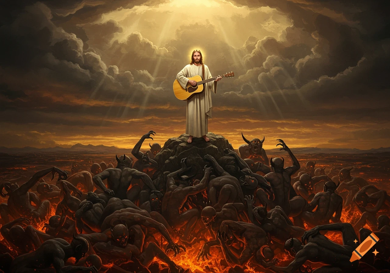 Jesus plays guitar atop a mountain of demons in a hellish landscape ...