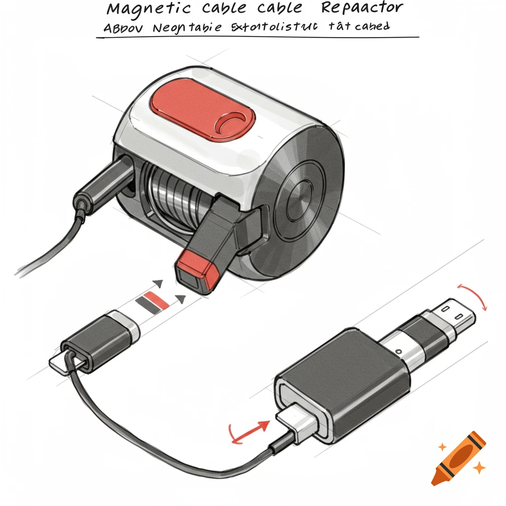 Sketch of a magnetic cable retractor and components. on Craiyon