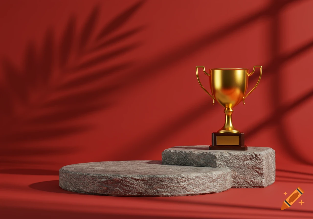 Gold trophy on a stone podium with plant shadows on a red background on ...