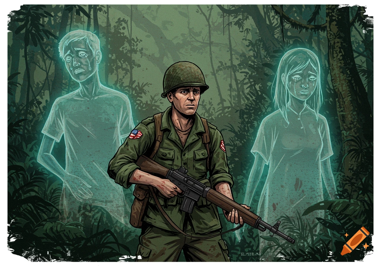 Illustration of a soldier in a jungle looking at translucent ghosts of ...