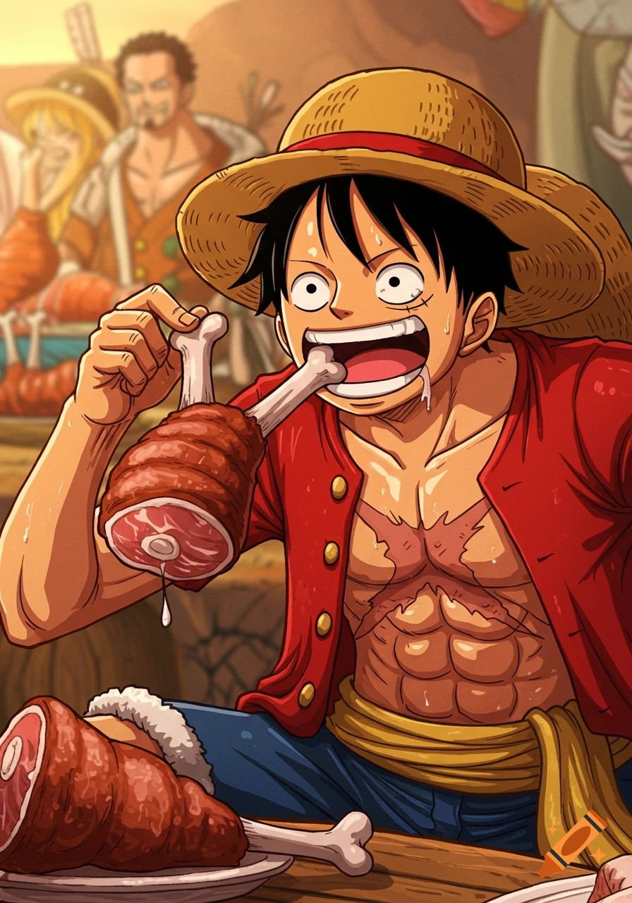Anime illustration of Monkey D. Luffy eating a large bone-in meat leg ...
