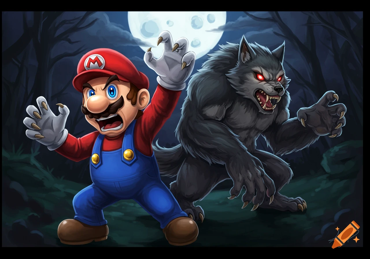 Mario confronts a large werewolf in a dark forest under a full moon on ...