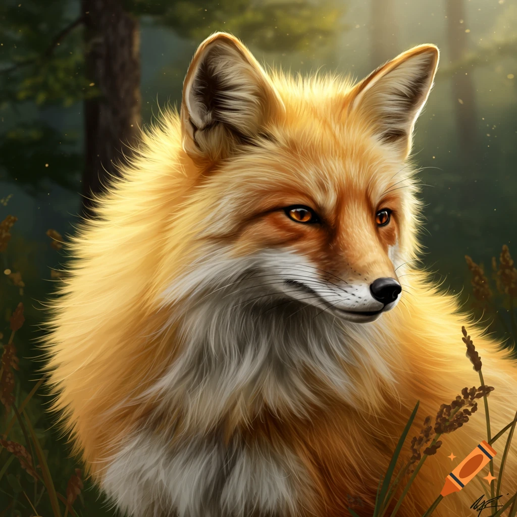 A close-up portrait of a golden fox with bright eyes in a forest ...