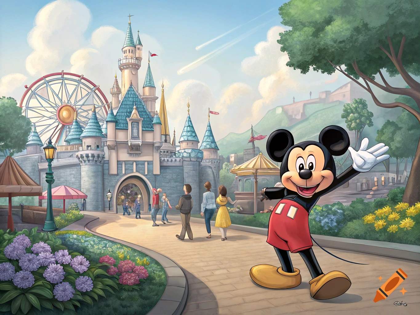 Mickey Mouse waves enthusiastically in front of a Disneyland-like ...