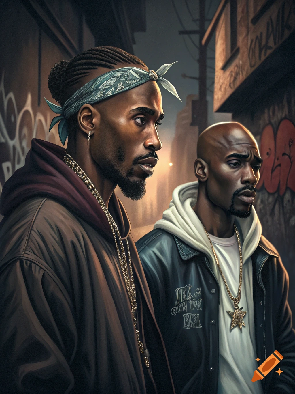 Two men resembling DMX and Tupac stand in an urban alley with graffiti ...