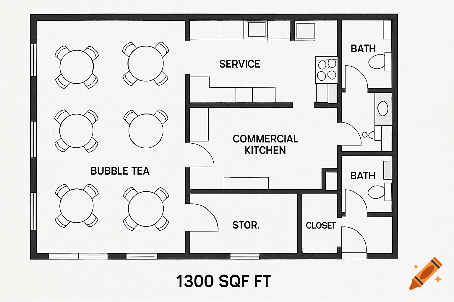 Black and white floor plan diagram of a bubble tea shop layout. on Craiyon