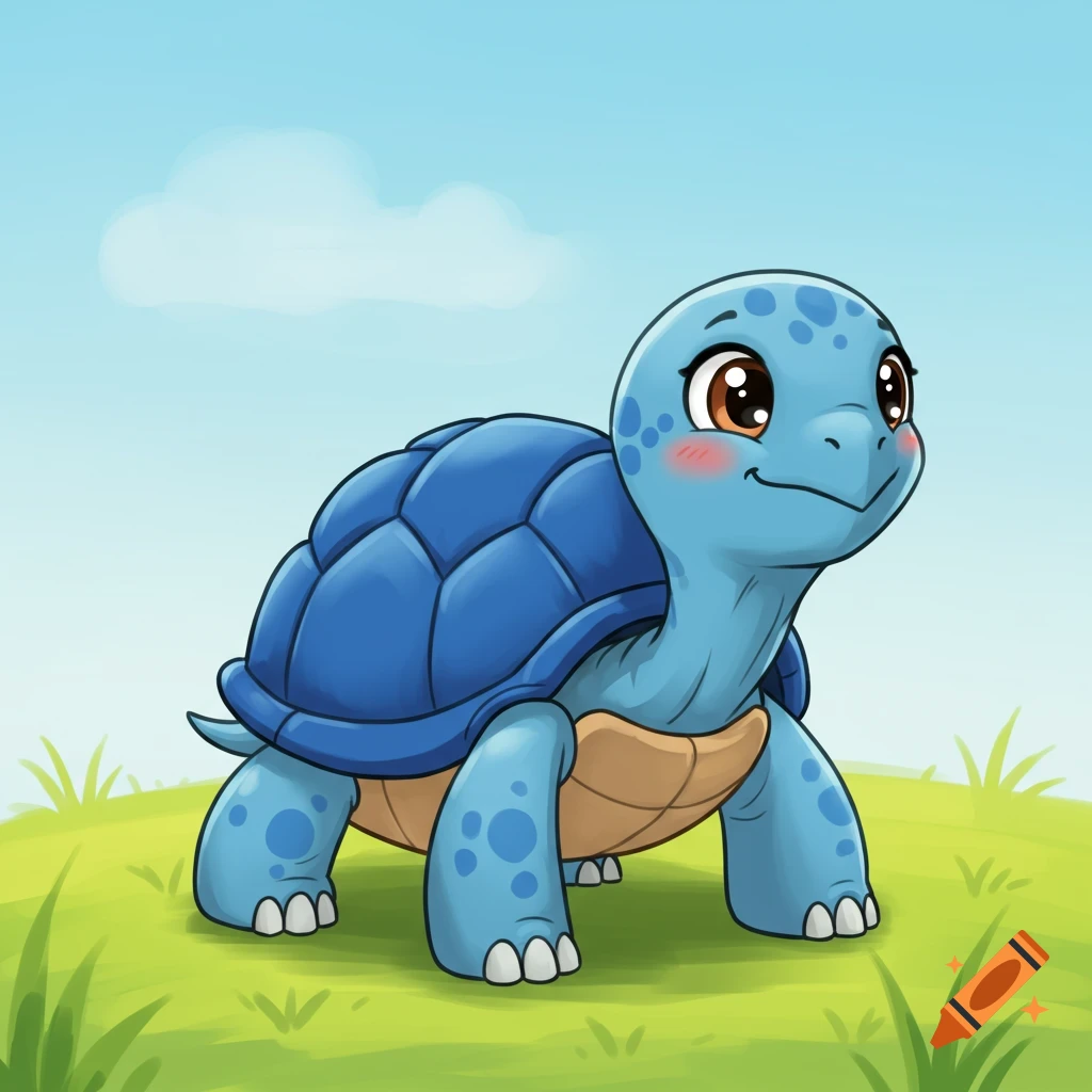 A cute blue cartoon turtle stands on green grass under a blue sky. on ...
