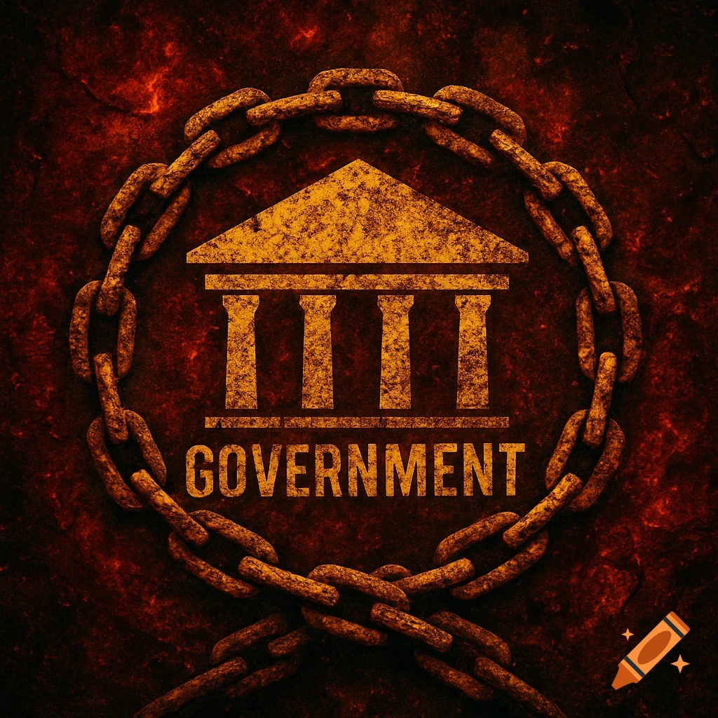 Logo of a government building icon surrounded by chains on a dark ...
