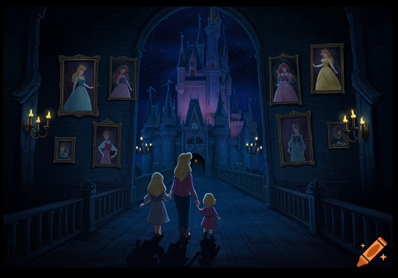 Woman and two children walk towards a haunted castle under a starry sky ...