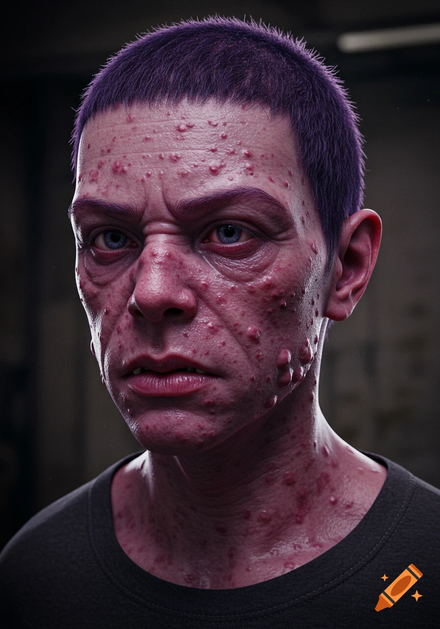 Close-up photorealistic portrait of a person with purple hair and ...