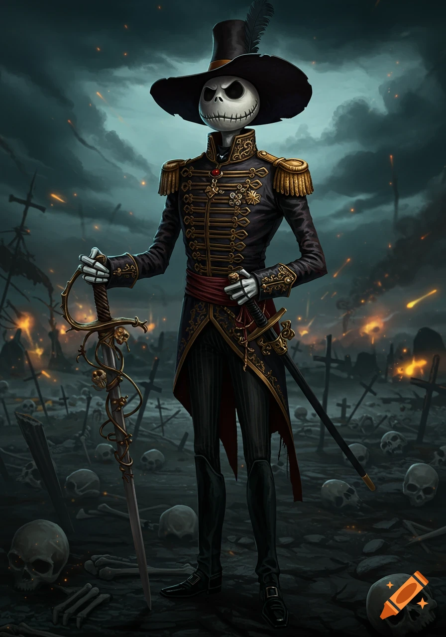 Jack Skellington in a military uniform stands in a dark graveyard ...
