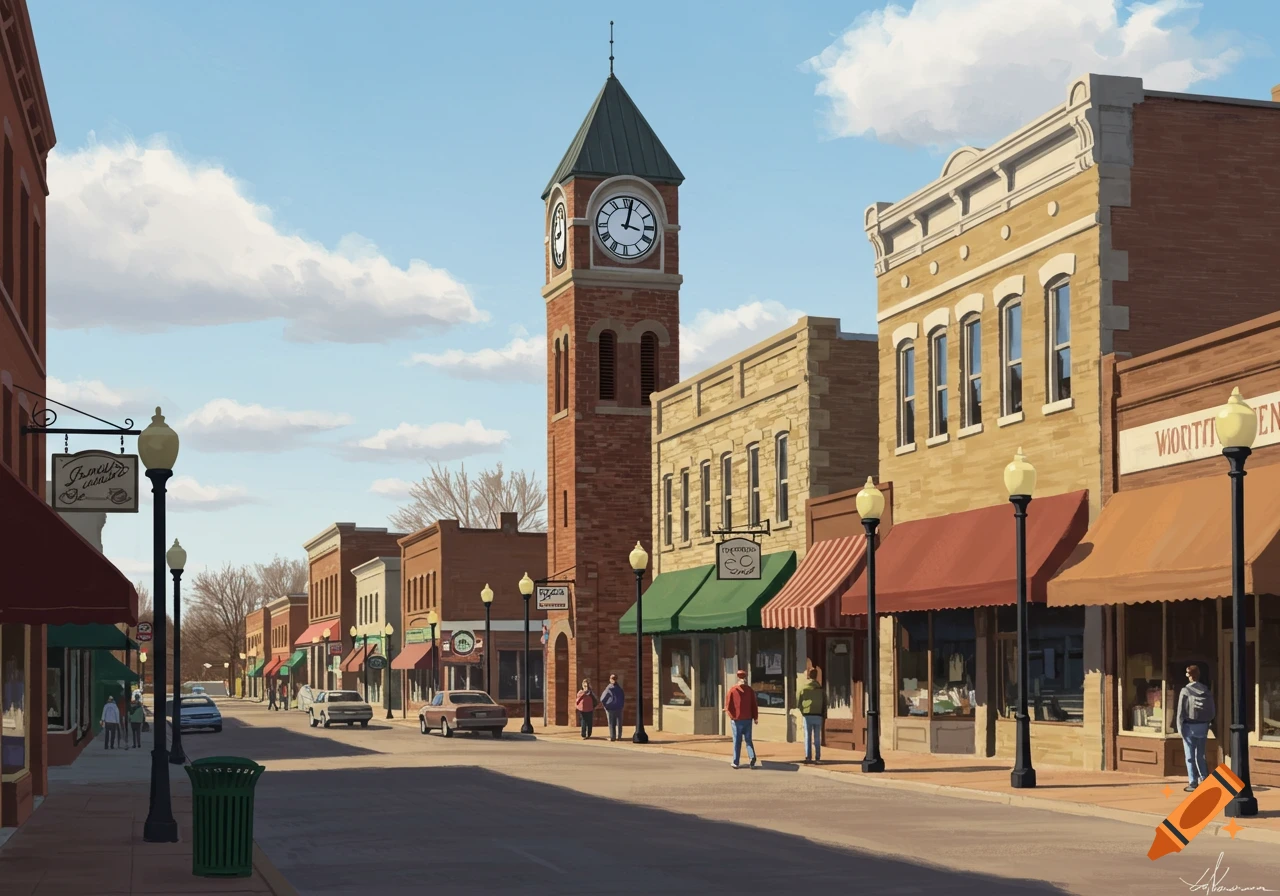 Painting of a midwestern downtown street scene with shops, cars, people ...