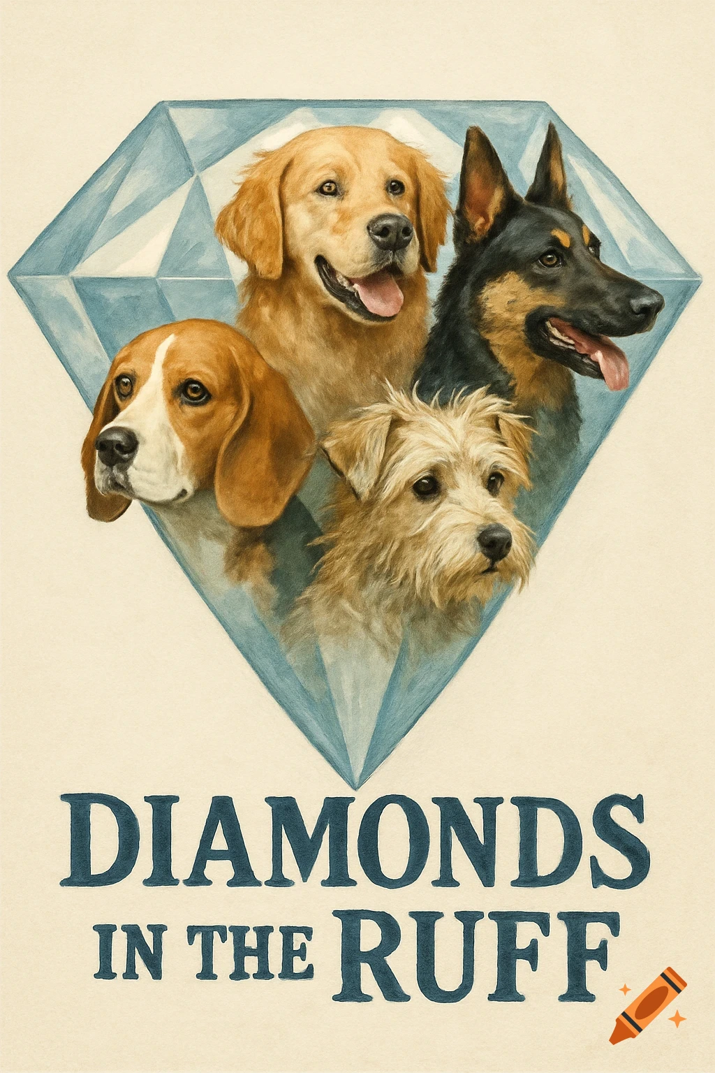 Watercolor painting of four dogs in a diamond shape with text 'DIAMONDS ...
