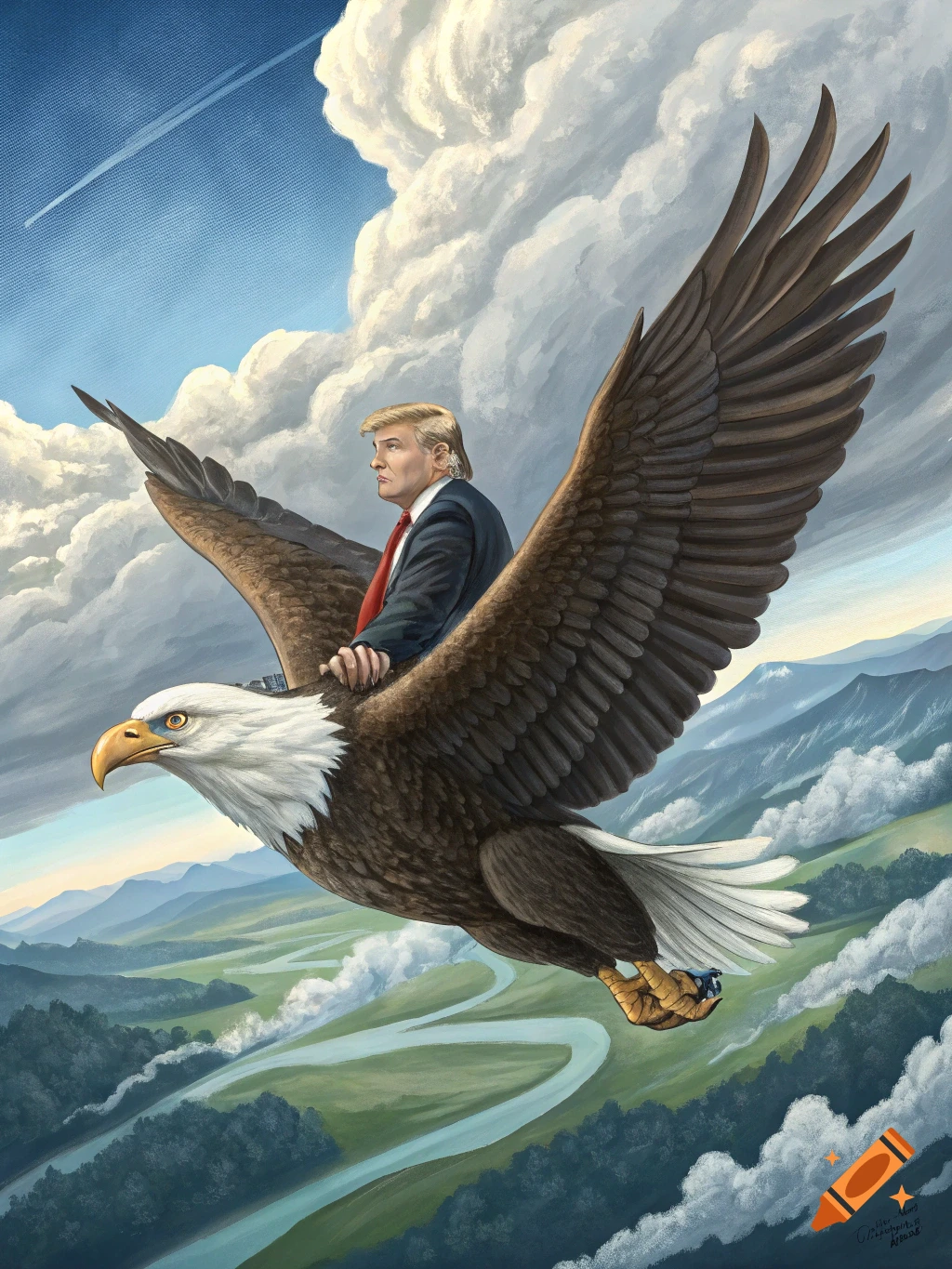 Illustration of Donald Trump riding a bald eagle over a mountainous ...