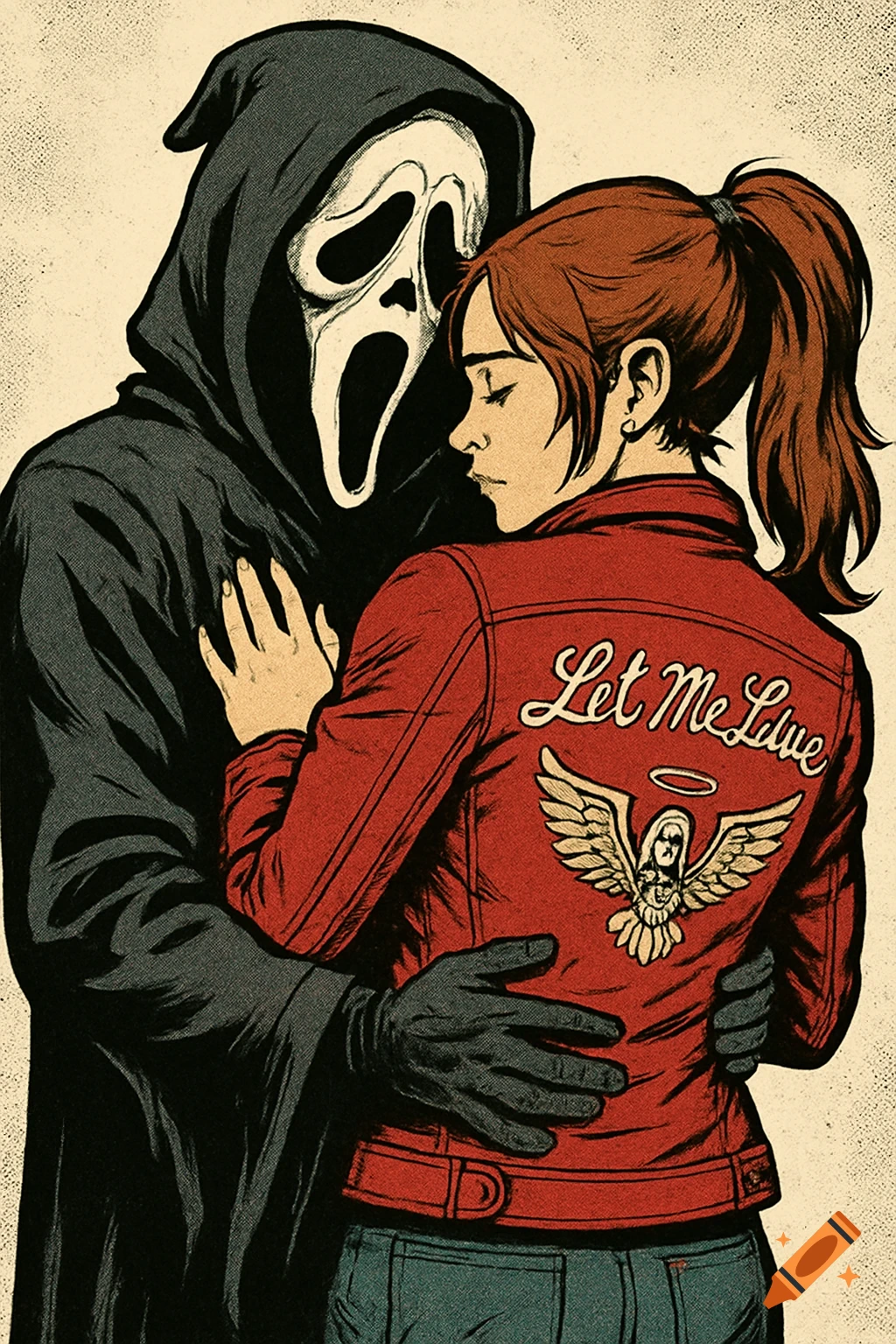 Ghostface and Claire Redfield cuddle in a comic book style. Claire ...