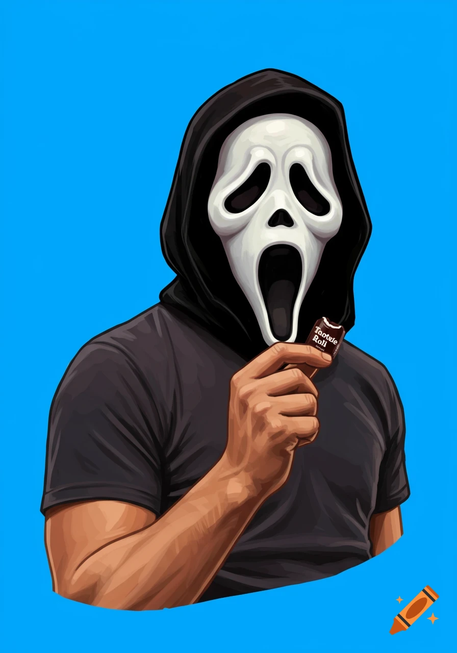 Illustration of a figure wearing a Scream mask holding a candy bar. on ...
