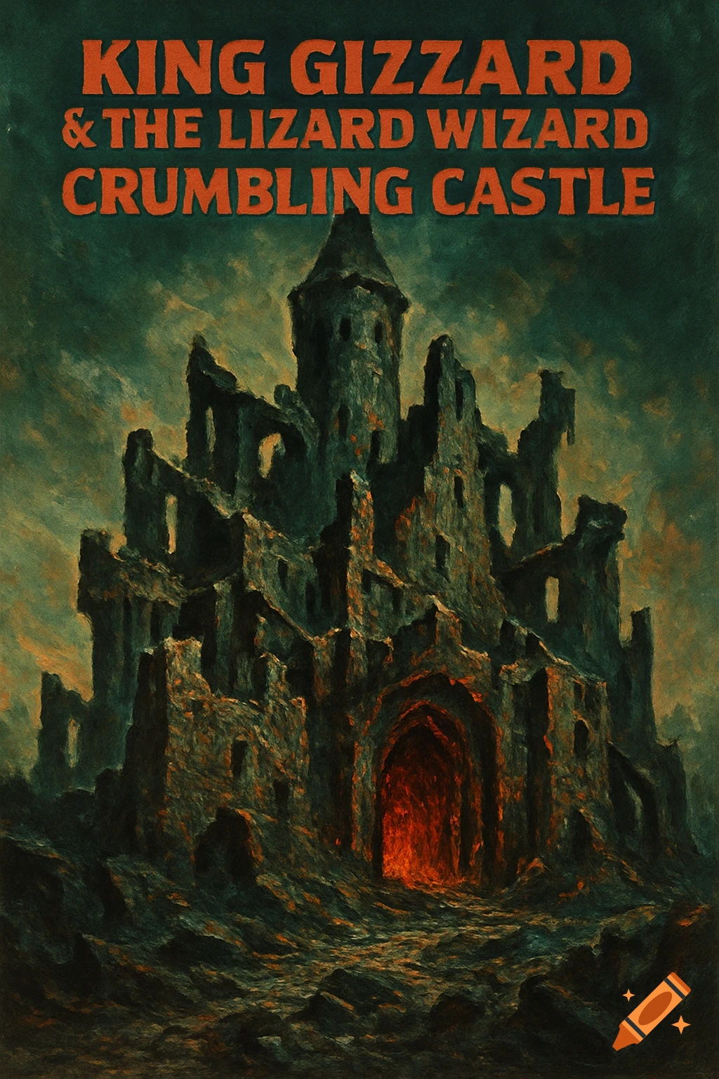 A painting of a crumbling dark castle with a glowing red entrance, text ...