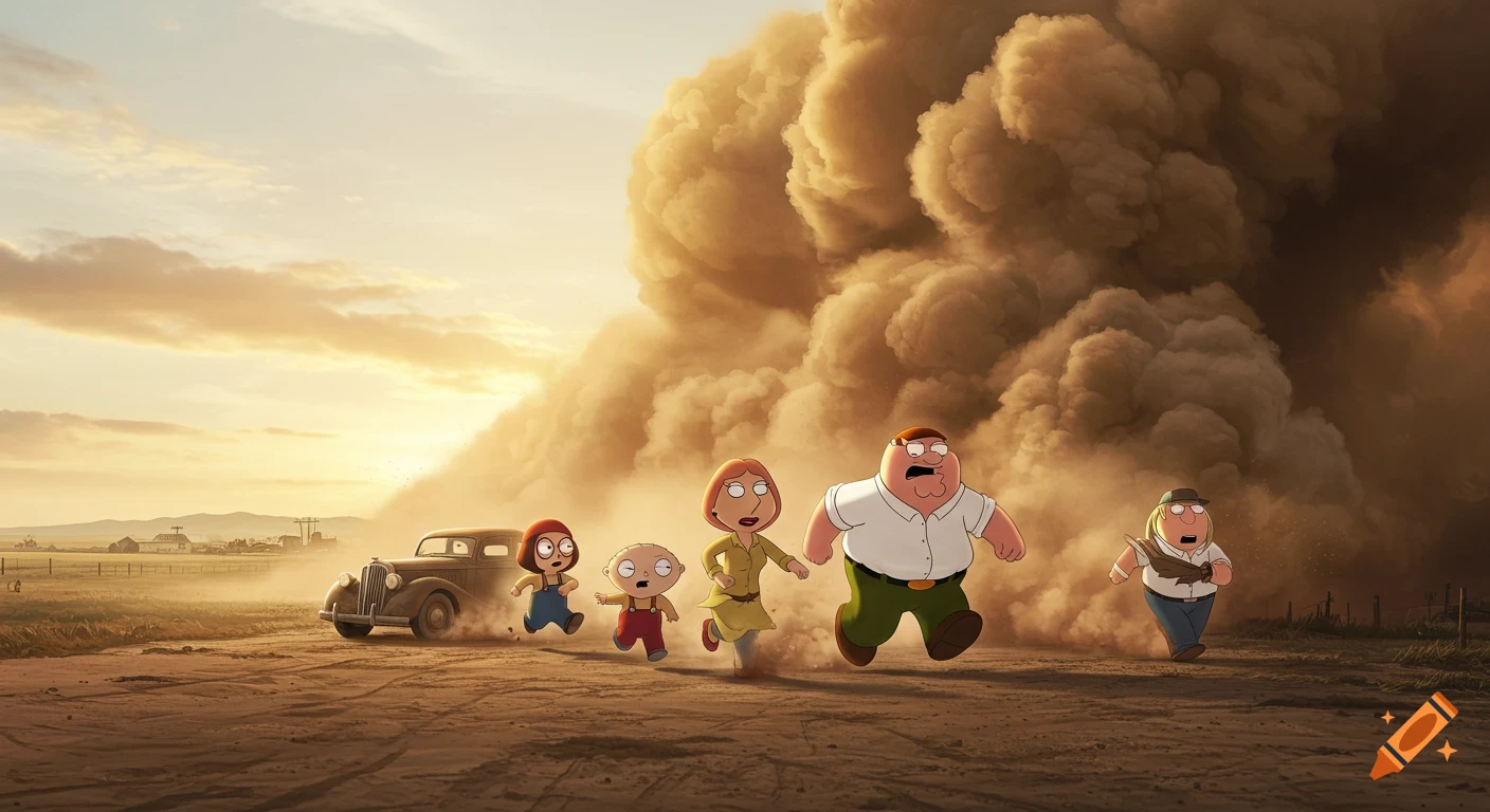 The Family Guy characters run from a huge dust storm in a rural field ...