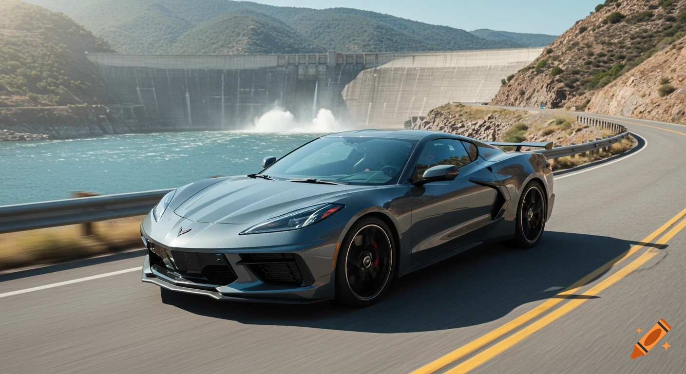 Gray C8 Corvette driving on a road with a dam and reservoir in the ...
