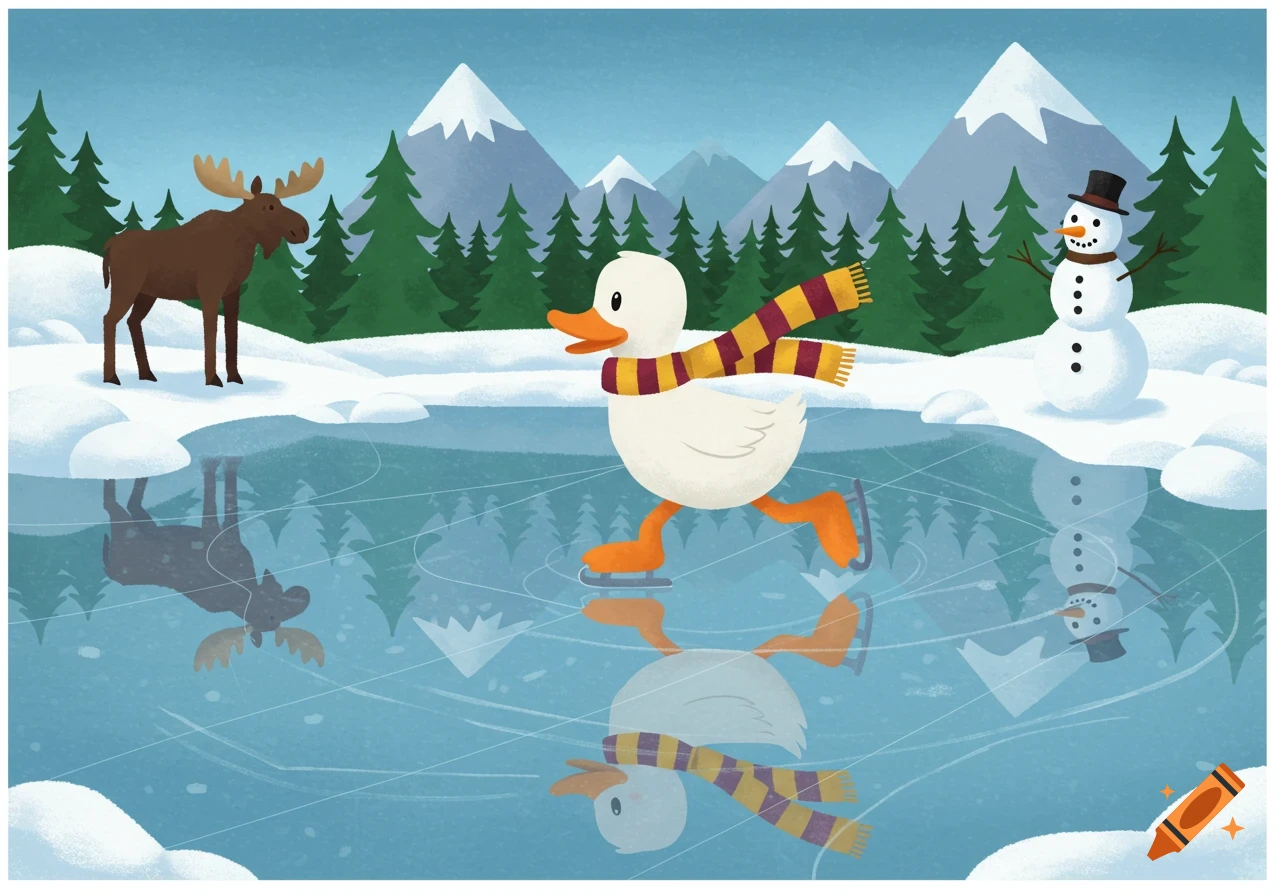 Cartoon duck ice skating with a moose and snowman in a winter scene. on ...