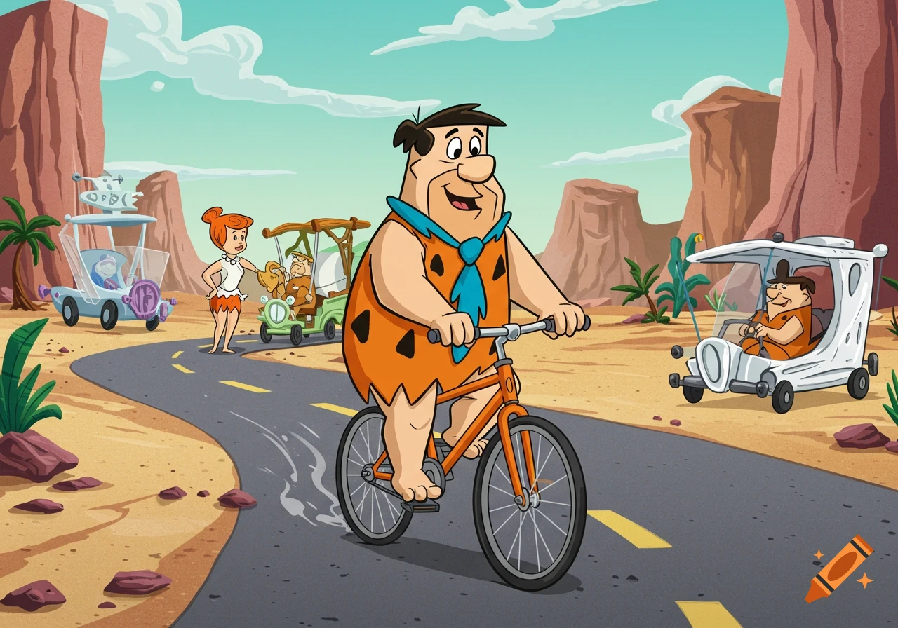 Cartoon of Fred Flintstone riding a bicycle on a road, with other ...
