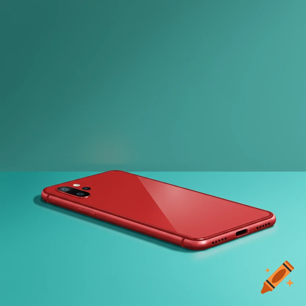A red smartphone on a turquoise surface with a green background. on Craiyon