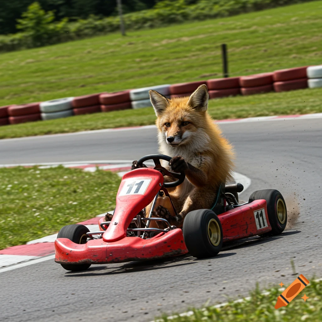 A red fox driving a go-kart on a race track on Craiyon