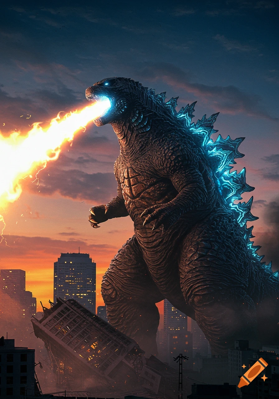 Godzilla, a giant monster, breathing fire over a destroyed city skyline ...