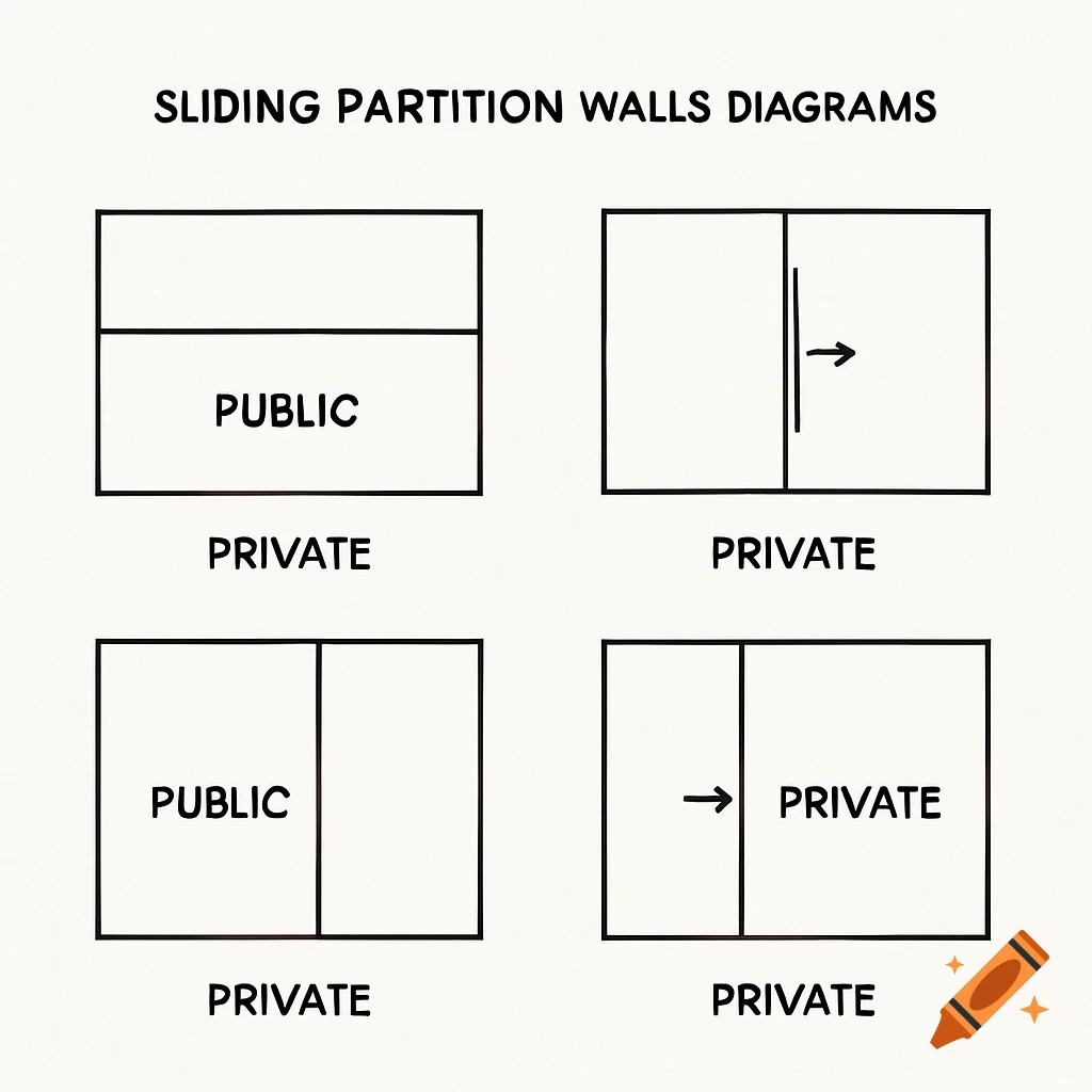 Diagrams illustrating sliding partition walls creating public and ...