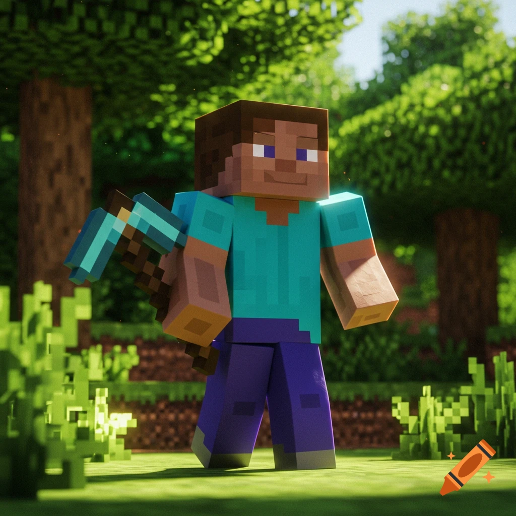 Steve from Minecraft holding a pickaxe in a sunny forest on Craiyon