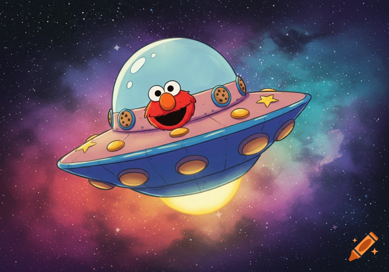 Elmo is seen peeking out from the dome of a cartoon UFO flying through ...