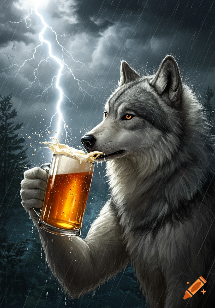 A wolf-like creature holds a splashing mug of beer in a thunderstorm ...