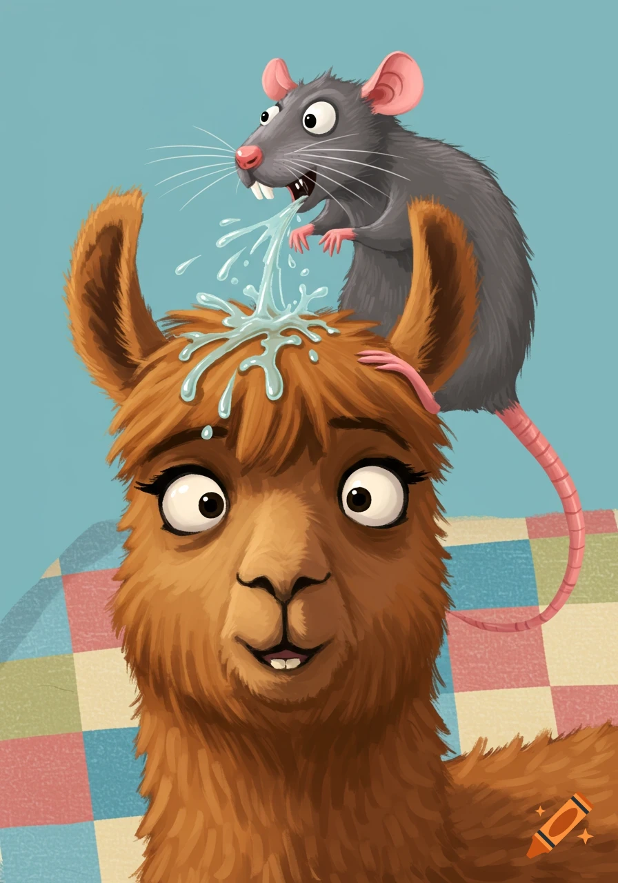 A cartoon rat spits water on a surprised llama's head. on Craiyon