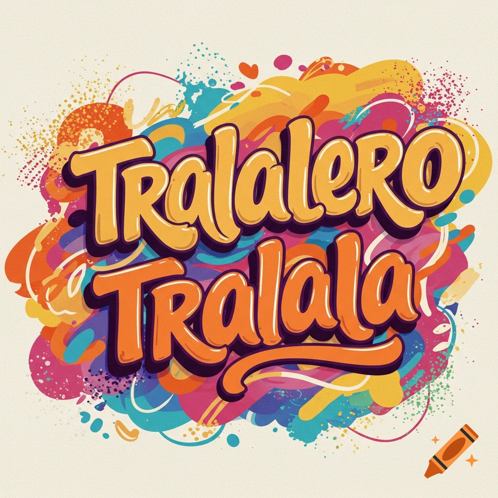 Stylized orange text TRALALERO TRALALALA over colorful abstract background on Craiyon