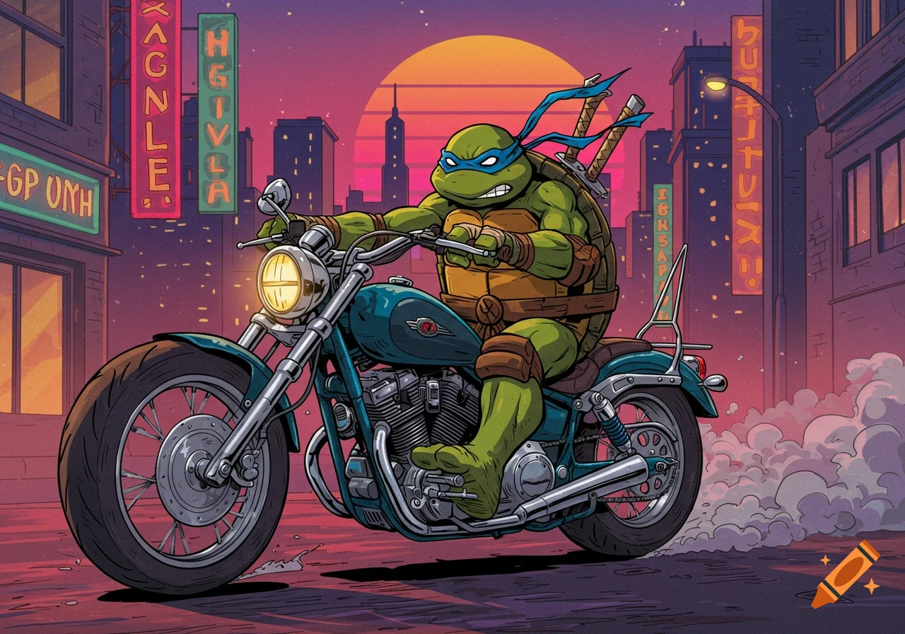 Leonardo from TMNT rides a vintage motorcycle down a city street at ...
