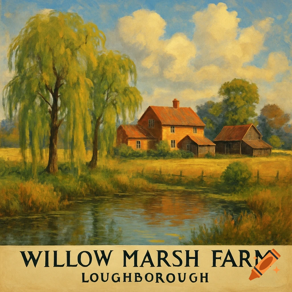 A painterly landscape of a farm by water with willow trees. Text reads ...