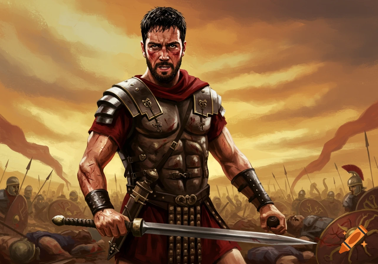 Bloody Roman soldier in armor holding a sword on a battlefield with ...