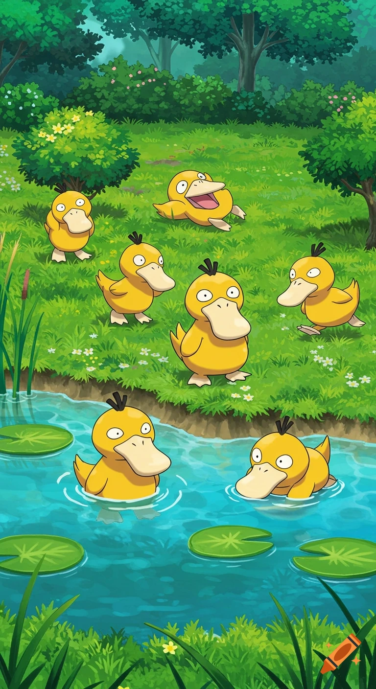 Multiple Psyduck Pokemon in a forest clearing by a pond, some on land ...