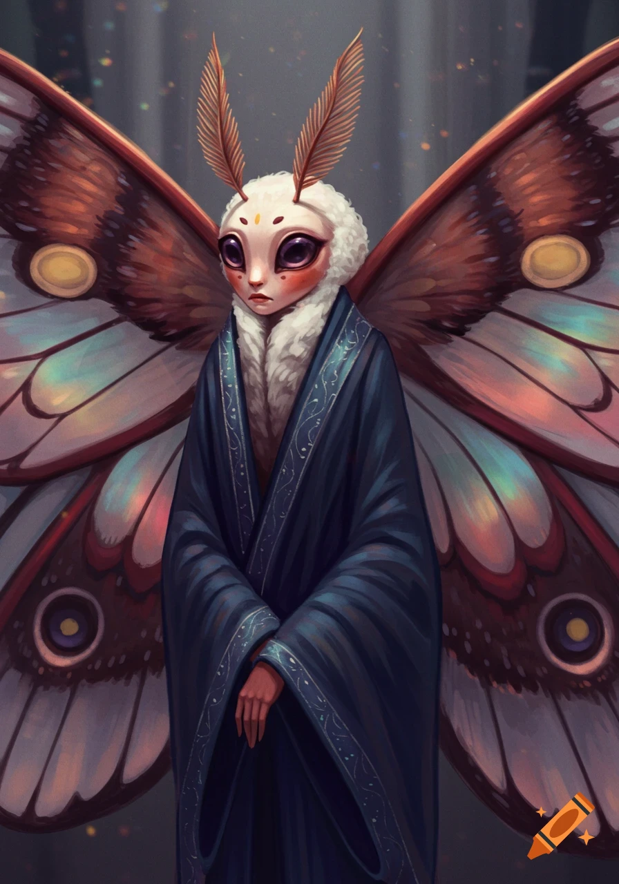 Stylized illustration of an anthropomorphic moth character wearing a ...