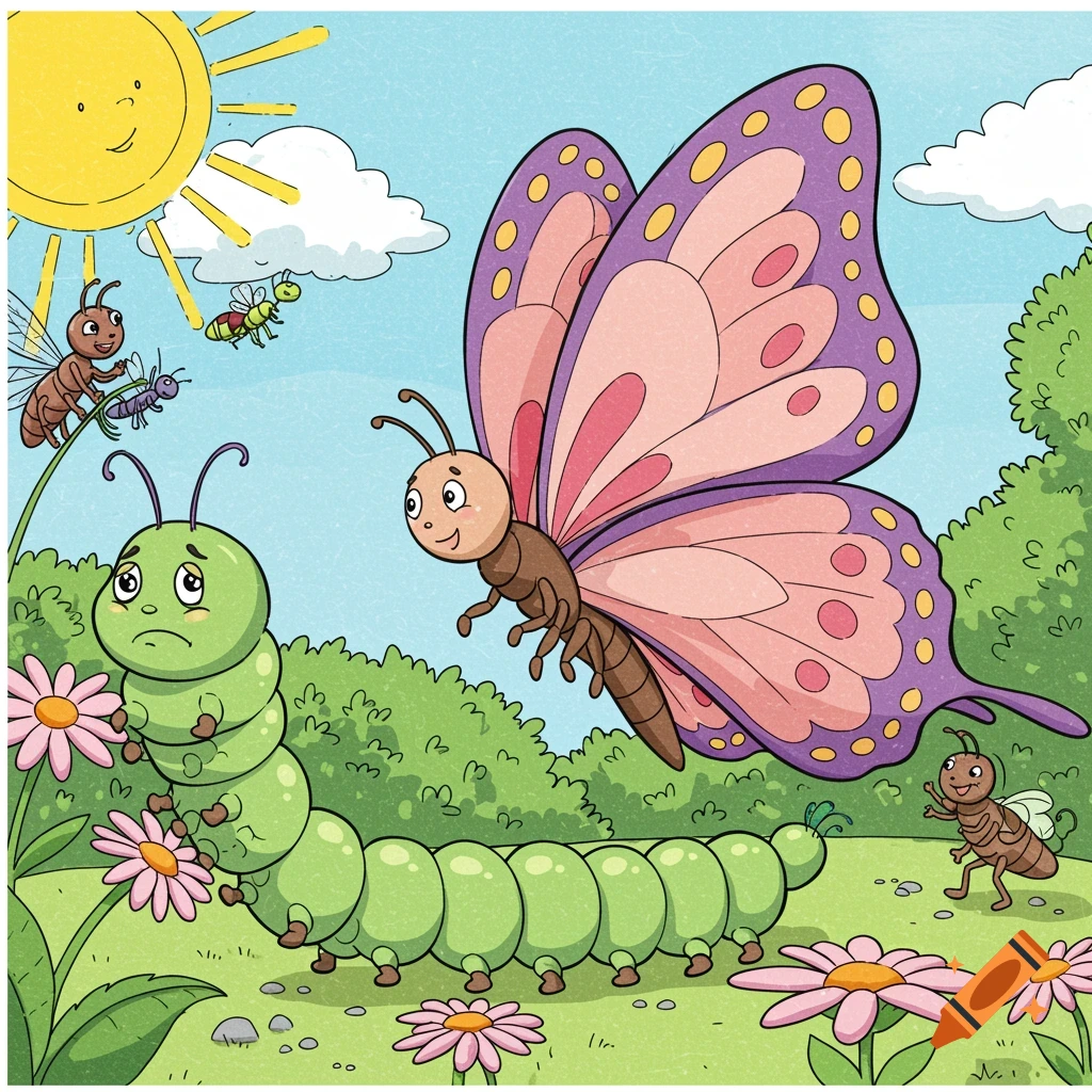 Cartoon illustration of a sad caterpillar watching a butterfly fly in a ...