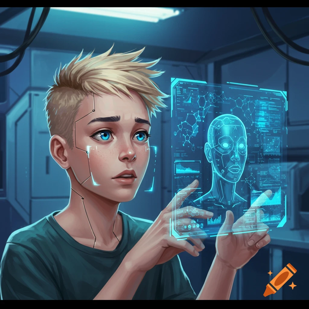 Young person interacts with holographic AI interface in futuristic lab, digital art. on Craiyon