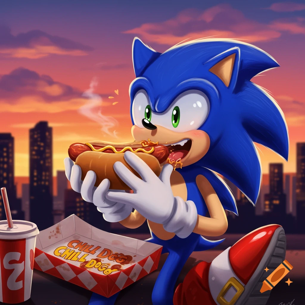 Sonic the Hedgehog eating a hot dog from a box with a drink against a ...