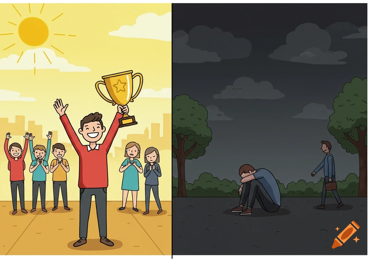 Cartoon illustration showing a contrast: left side bright and sunny ...