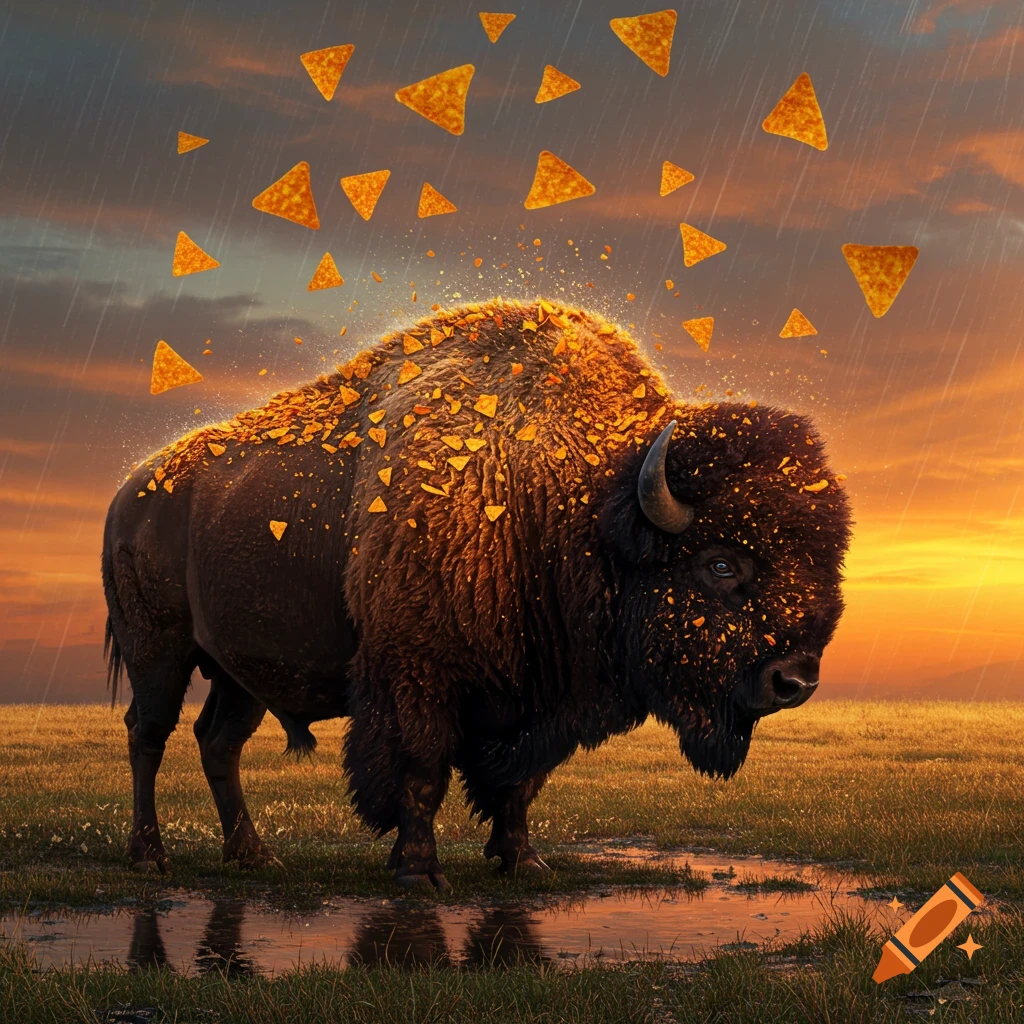 A buffalo stands in a field under a sunset sky, being rained on by ...