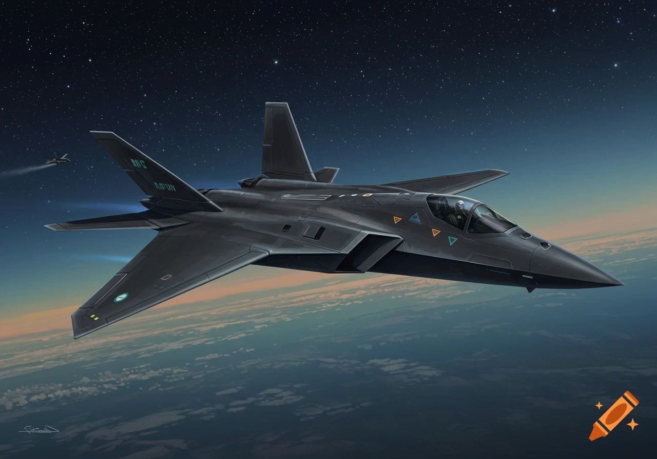 A dark grey stealth fighter jet flies high in the night sky above ...